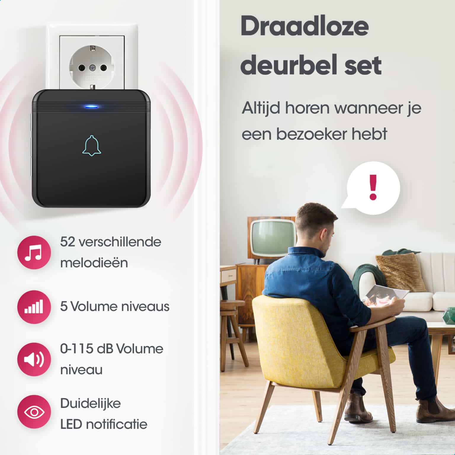 AVANTEK D-3B Draadloze deurbel met 2 ontvangers - Zwart ...